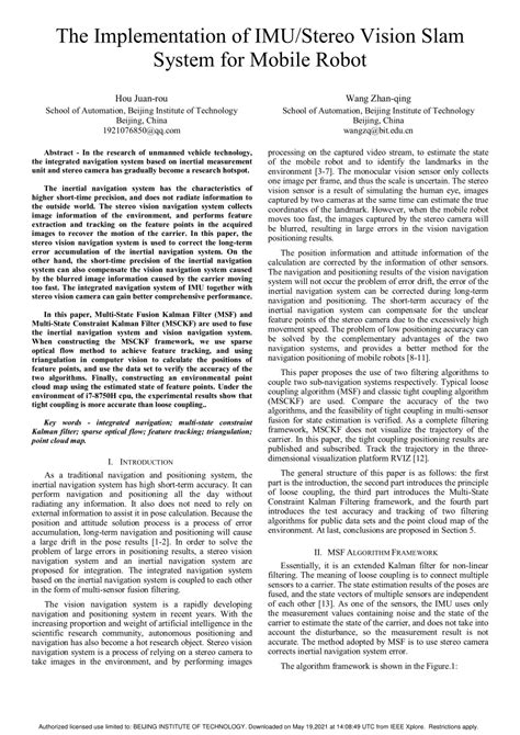 Pdf The Implementation Of Imustereo Vision Slam System For Mobile Robot