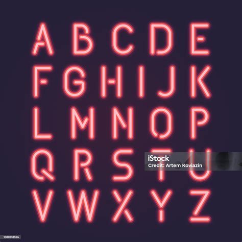 어두운 벽 전구에 빨간 분홍색 둥근된 네온 빛 문자 글꼴 문자 광선 효과 0명에 대한 스톡 벡터 아트 및 기타 이미지 0명