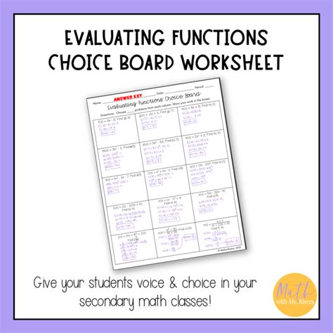 evaluating functions in function notation worksheet choice board for