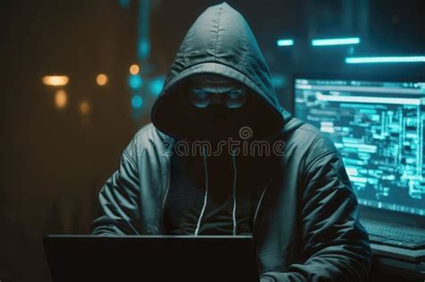 Hacker In A Mask And Hood Looks At The Laptop Screen Hacking And Malware Concept Stock