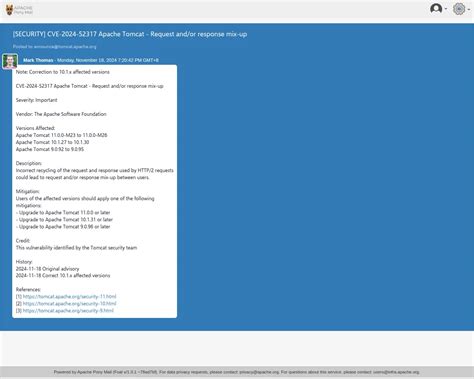 Apache Tomcat Requestresponse Mix Up With 2 漏洞信息cve 2024 52317 By 漏洞平台