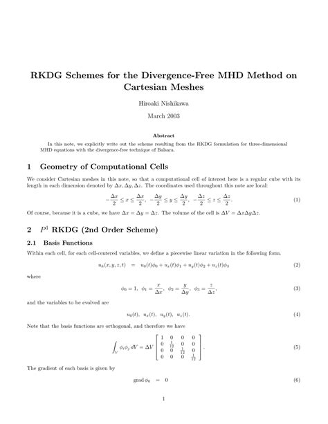 Pdf Rkdg Schemes For The Divergence Free Mhd Method On Cartesian Meshes