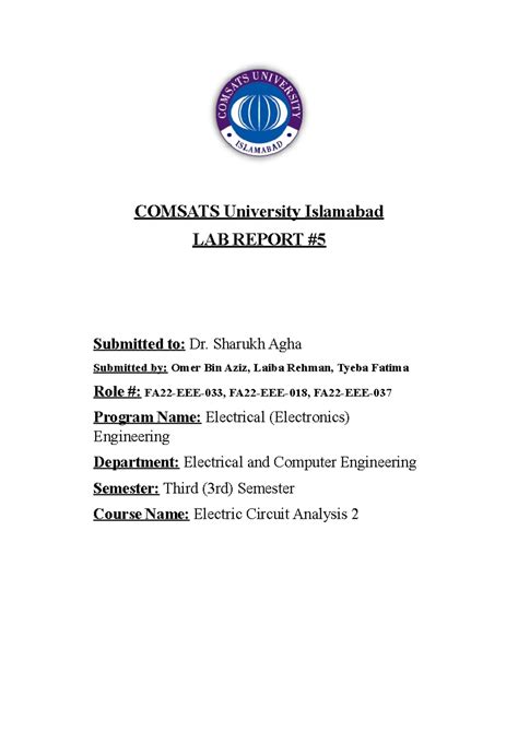 Lab5 Report Of Eca 2 Comsats University Islamabad Lab Report