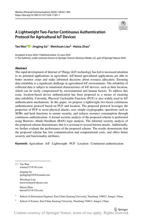A Lightweight Two Factor Continuous Authentication Protocol For Agricultural Iot Devices
