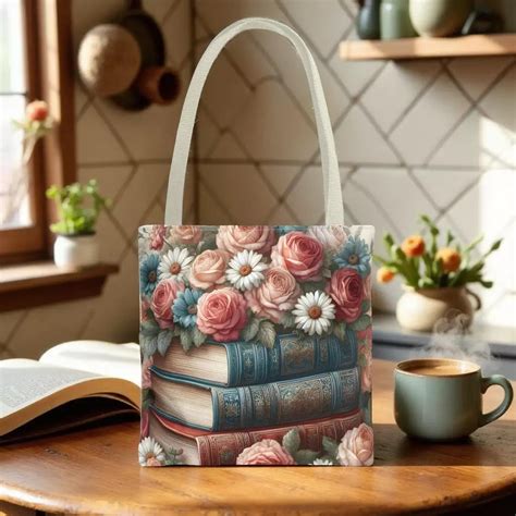 Vintage Floral Book Tote Bag Book Lover Library Carryall Literary
