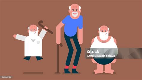 막대기로 서서 걷는 노인 노인 만화 캐릭터 세트 은퇴 한 할아버지 외로운 할아버지 수염이있는 흰 조끼 셔츠를 입은 뚱뚱한 남자 플랫 아바타 벡터 일러스트레이션 남자에 대한