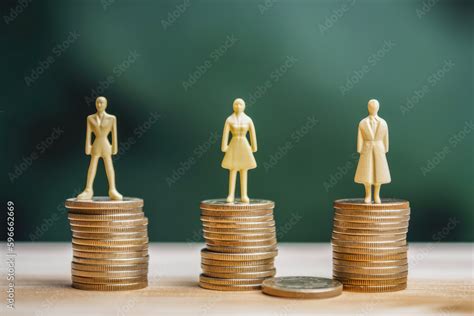 Female And Male Standing On Different Stacks Of Coins Gender Pay Equality Inequality Pay Gap