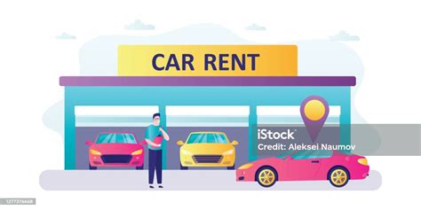 렌터카 서비스 현대적인 자동차차고 건물 직장에서 잘 생긴 세일즈맨 또는 딜러 카 셰어링 또는 임대 수평 배너 개념에 대한 스톡 벡터 아트 및 기타 이미지 Istock
