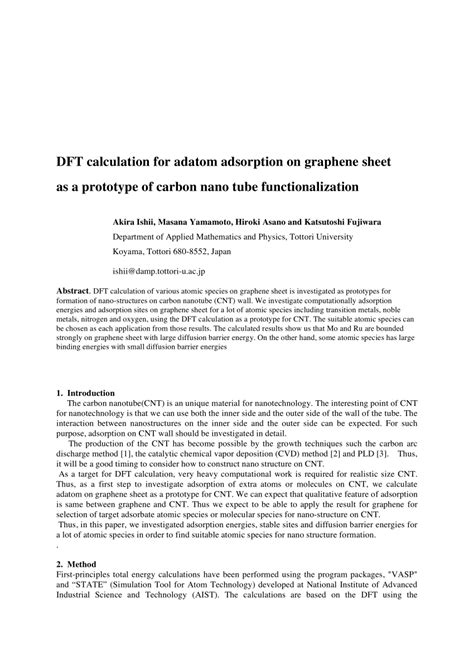 Pdf Dft Calculation For Adatom Adsorption On Graphene Sheet As A