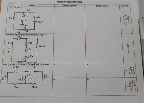 Solved Kirchhoff S Rules Practice Circuit Junction Equation Chegg Com