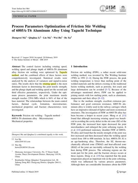 Pdf Process Parameters Optimization Of Friction Stir Welding Of 6005a T6 Aluminum Alloy Using