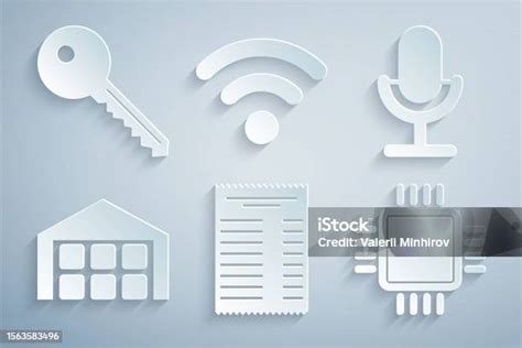 종이 또는 재정 수표 마이크 창고 Cpu가 있는 프로세서 Wifi 무선 네트워크 및 열쇠 아이콘을 설정합니다 벡터 0명에 대한