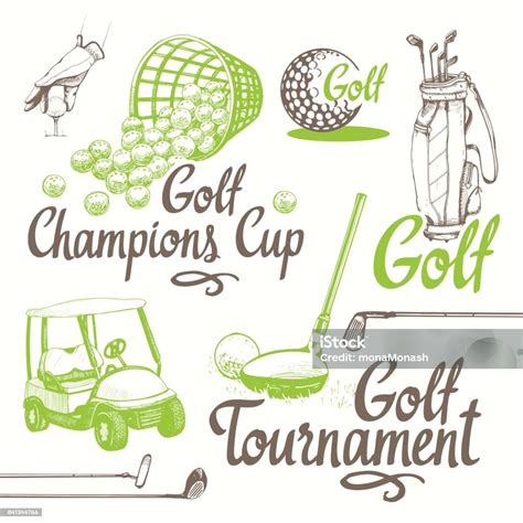 골프 바구니 신발 자동차 퍼 터 볼 장갑 가방 세트 손으로 그린 스포츠 장비의 벡터 집합입니다 흰색 바탕에 스케치 스타일에서 그림입니다 필기 잉크 레터링