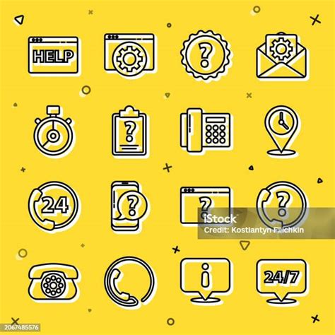 회선 시계 24 시간 전화 지원 시계가있는 위치 물음표 클립 보드 물음표 스톱워치 브라우저 도움말 및 아이콘을 설정합니다 벡터 24에 대한 스톡 벡터 아트 및 기타 이미지
