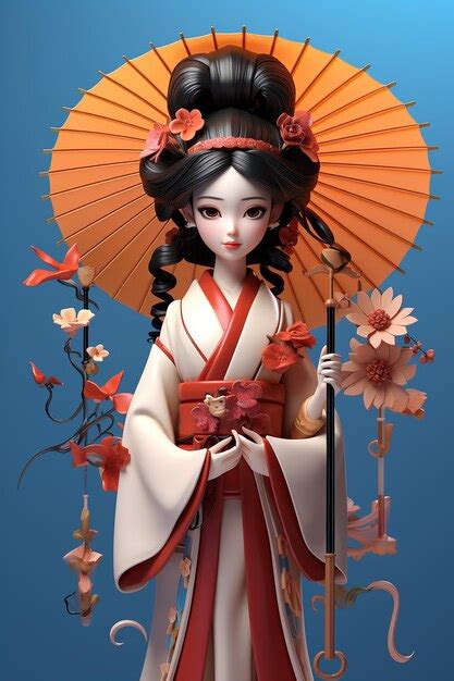 3d Cartoon Japanese Traditional Women Character Premium Ai Generated