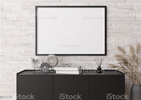 현대 거실의 흰색 벽돌 벽에 빈 수평 사진 프레임 현대적인 스타일로 인테리어를 모의 무료 사진 포스터에 대한 공간을 복사합니다 콘솔 조각 팜파 잔디 3d 렌더링 수평 구성에