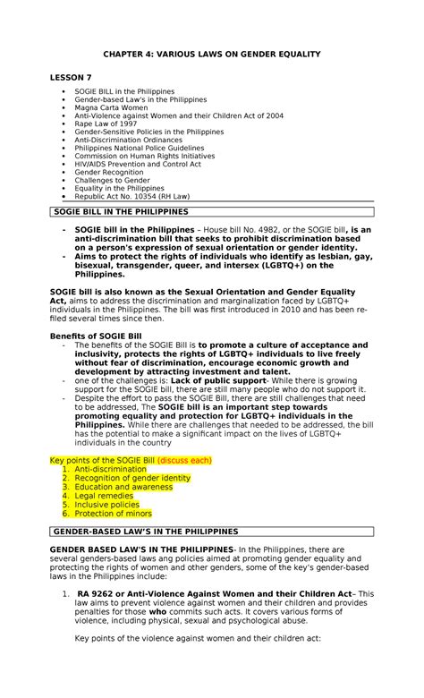 Chapter Lesson Reporting CHAPTER VARIOUS LAWS ON GENDER EQUALITY LESSON SOGIE BILL In