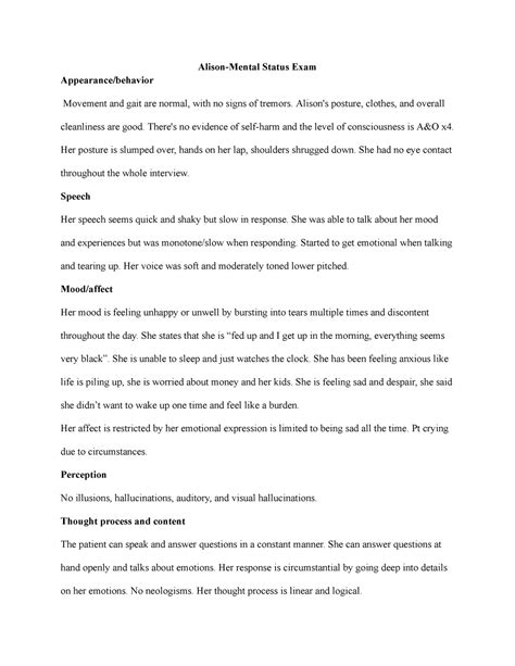 Major Depressive Disorder Mse Alison Mental Status Exam Appearance Behavior Movement And Gait