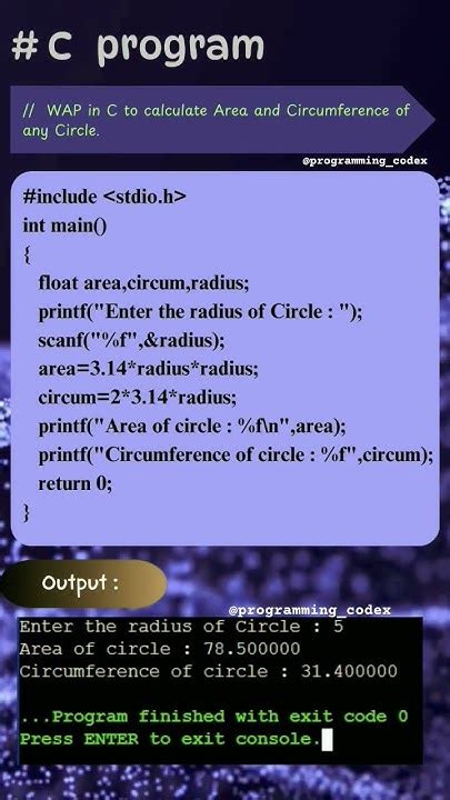 Program Written In C Language To Calculate The Area And Circumference Of Circle C Coding