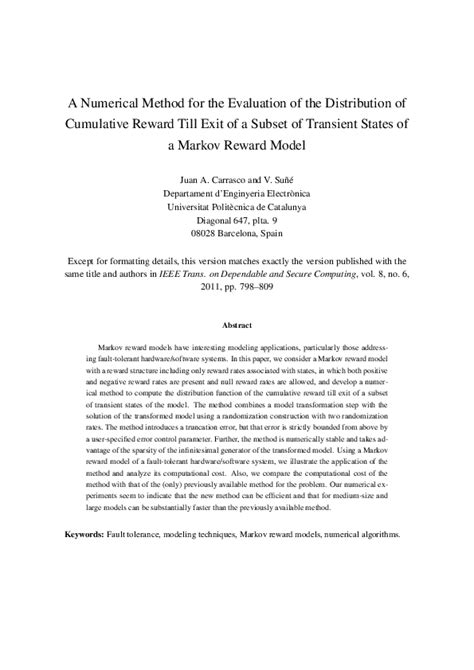 Pdf Numerical Method For Cumulative Reward In Markov Models