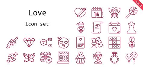 사랑 아이콘 세트 라인 아이콘 스타일입니다 웨딩 드레스 풍선 성별 사탕 약혼 반지 결혼식 날 롤리팝 소녀 공유 꽃잎 심장 다이아몬드 사랑 나비 결혼 틱 택 토와 같은 사랑