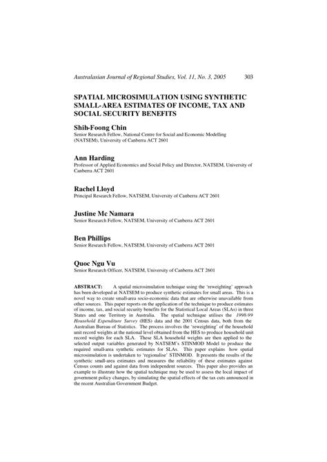 PDF Spatial Microsimulation Using Synthetic Small Area Estimates Of Income Tax And Social