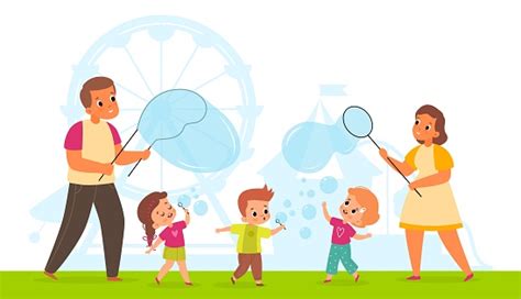 거품 쇼 귀여운 행복한 어린이와 성인공원에서 비누 거품을 불고 만화 아이들과 부모는 공기 거품 공으로 재생 여름 가족 휴가 야외