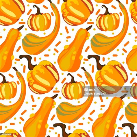 흰색 배경에 평평한 스타일에 줄무늬와 점이 있는 여러 가지 빛깔의 주황색 호박의 벡터 완벽 한 패턴입니다 가을 계절 포장지 화면 보호기 직물 할로윈 카드에 적합합니다 0명에