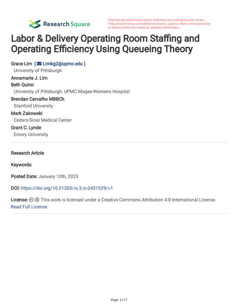 pdf labor and delivery operating room staffing and operating efficiency using queueing theory