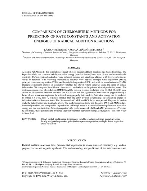 Pdf Comparison Of Chemometric Methods For Prediction Of Rate Constants And Activation Energies