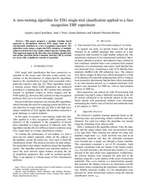 Pdf A Zero Training Algorithm For Eeg Single Trial Classification Applied To A Face