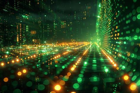 Digital Matrix Background With Green Binary Code And Light Rays Creating An Abstract Digital