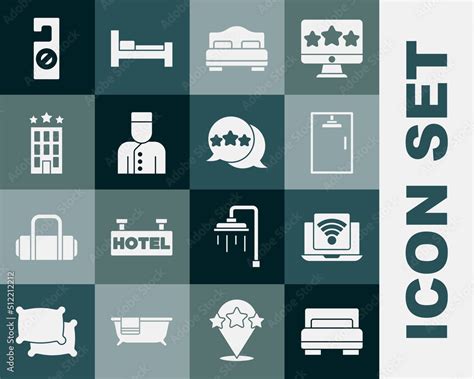 Set Hotel Room Bed Wireless Laptop Shower Cabin Concierge Building Please Do Not Disturb