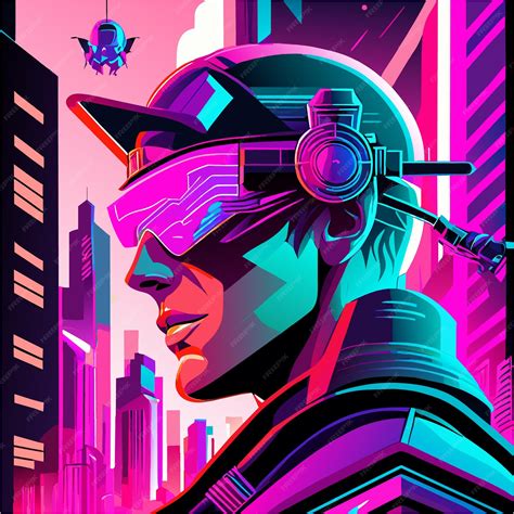네온 스카이라인의 사이버펑크 미래파 문신 로봇 머리 프리미엄 Ai 생성 벡터