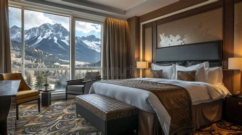 Luxurious Hotel Room Featuring King Size Bed With City View Stock