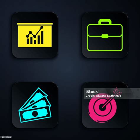 목표 설정 그래프 차트가 있는 보드 지폐 현금 및 서류 가방을 쌓습니다 검은색 사각형 버튼입니다 벡터 가방에 대한 스톡 벡터