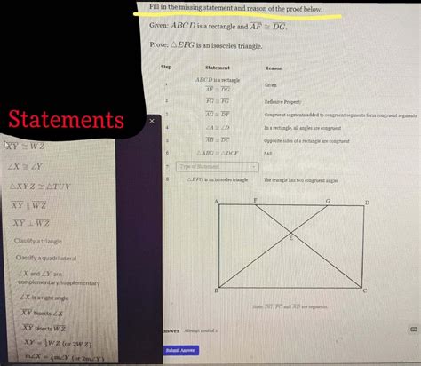Solved Fill In The Missing Statement And Reason Of The Proof Chegg