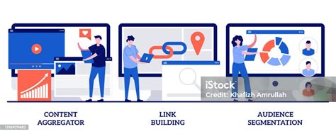 콘텐츠 집계 링크 구축 청중 세분화 개념과 작은 사람들 콘텐츠 마케팅 벡터 일러스트 레이션 세트입니다 페이지 순위 타겟 타겟 디지털 광고 캠페인 하이퍼링크 은유 고리 사슬에