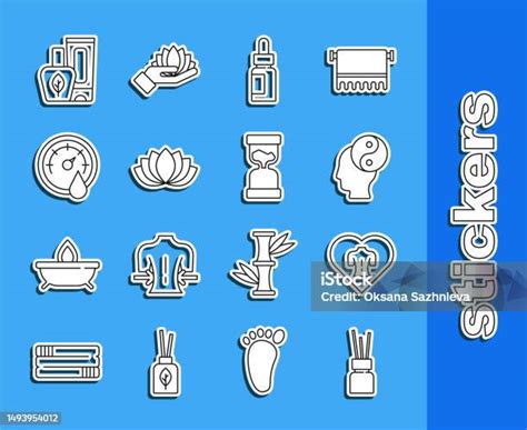 세트 라인 아로마 디퓨저 마사지 음양 에센셜 오일 병 연꽃 사우나 온도계 연고 크림 튜브 및 오래된 모래 시계 아이콘 벡터 개선에 대한 스톡 벡터 아트 및 기타 이미지