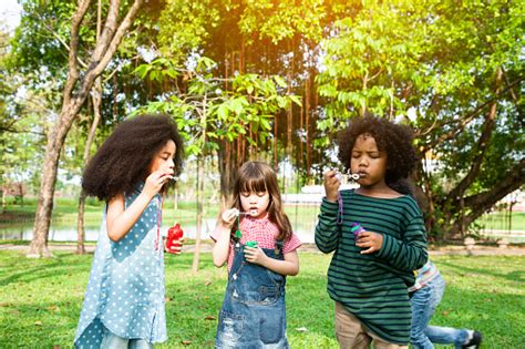 녹색 공원에서 함께 불어 거품을 재생 학교 교육 개념 외부 에서 행복한 아이들 4 5세에 대한 스톡 사진 및 기타 이미지 4 5세 개발 견학 Istock