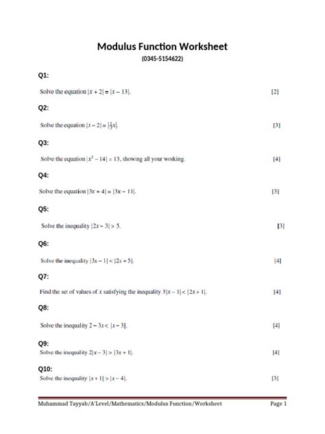 Modulus Function Worksheet Pdf