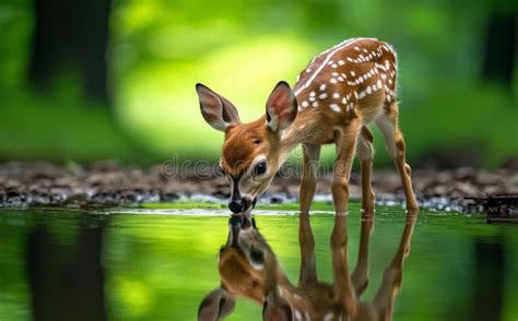 A Deer Drinking From A Stream Its Reflection Perfectly Mirrored In The