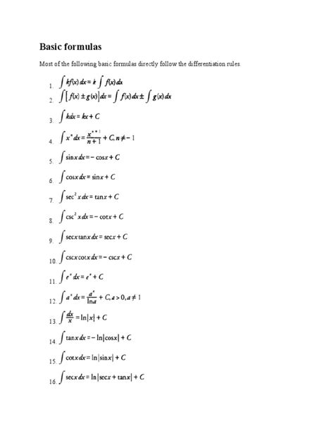 Basic Formulas For Intergration Pdf Integral Derivative