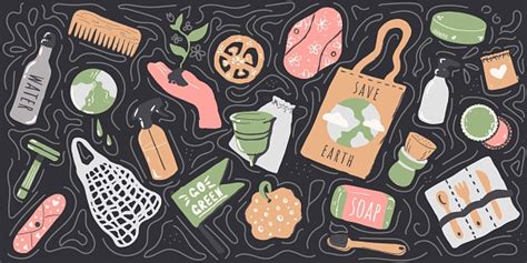 제로 폐기물 라이프 스타일 벡터 일러스트 세트 플라스틱 없음 에코 백 나무 칼 붙이 빗 칫솔 수세미 비누 샴푸 생리컵 및 패드 텍스트 장소가 있는 자연 보호 배너 0에 대한