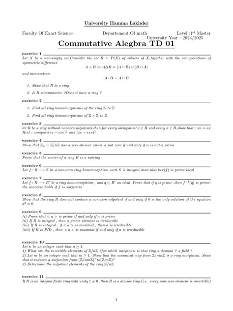 algebra td01 pdf ring mathematics algebra