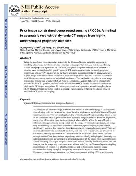 Pdf Prior Image Constrained Compressed Sensing Piccs A Method To
