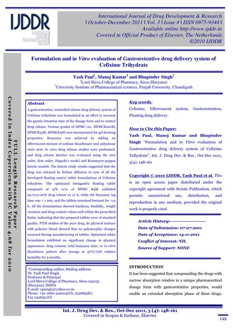 Pdf Formulation And In Vitro Evaluation Of Gastroretentive Drug Delivery System Of Cefixime
