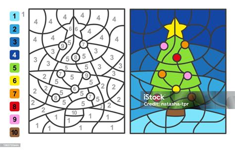 즐거운 성탄절 숫자로 색상입니다 어린이 교육 퍼즐 게임 그리기 및 학습 수학을위한 색상 0명에 대한 스톡 벡터 아트 및 기타