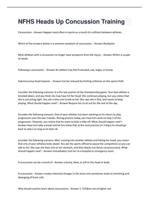 NFHS Heads Up Concussion Training Questions And Correct Answers Graded To Pass NFHS Heads Up