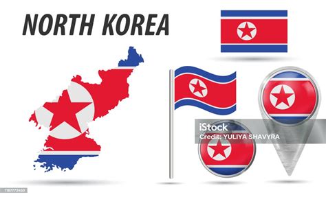북한 3d 설정 플래그 지도 포인터 버튼 깃발 기호 평면 아이콘과 플래그의 색상에지도를 흔들고 다양한 개체에 국가 기호의 컬렉션의 벡터 그림입니다 벡터 Eps 10 3차원